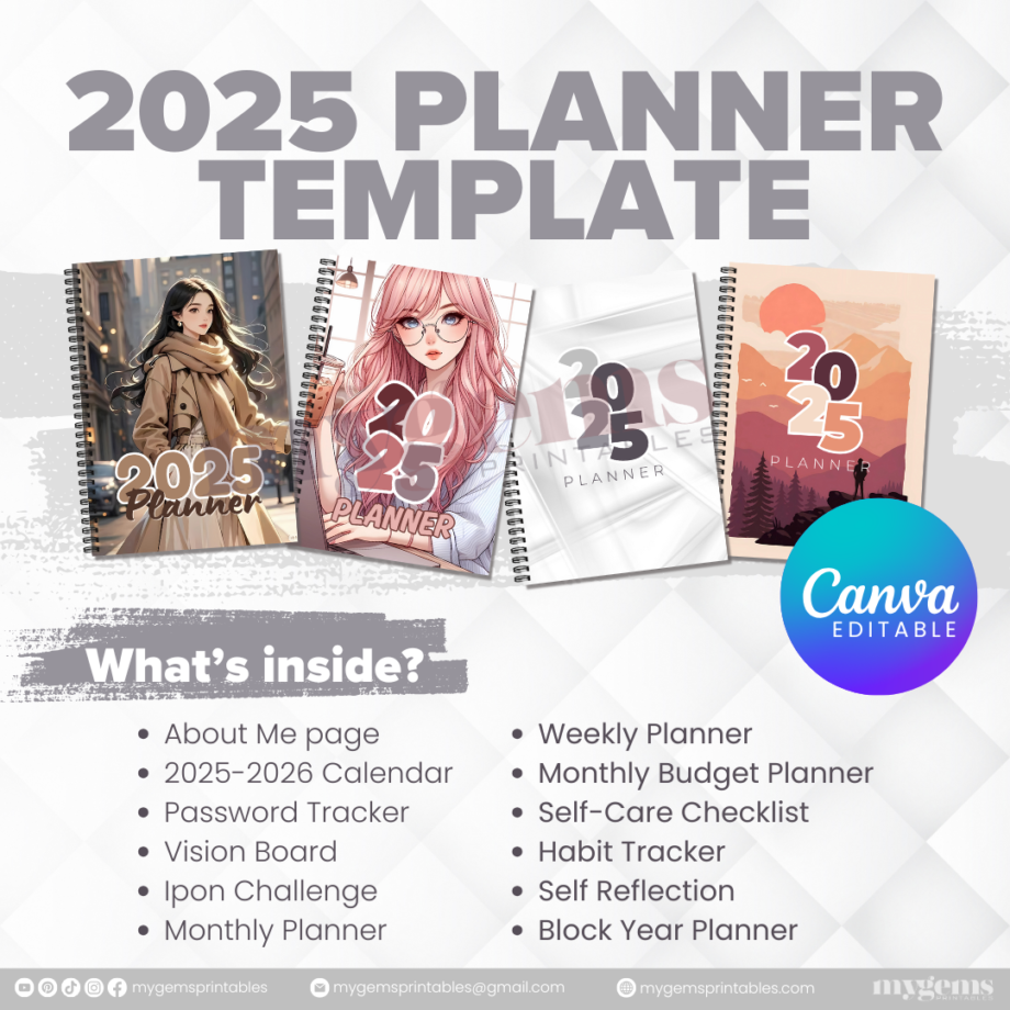 4 Designs | 2025 Planner Template (A5) | Canva Editable - Mygems Printables