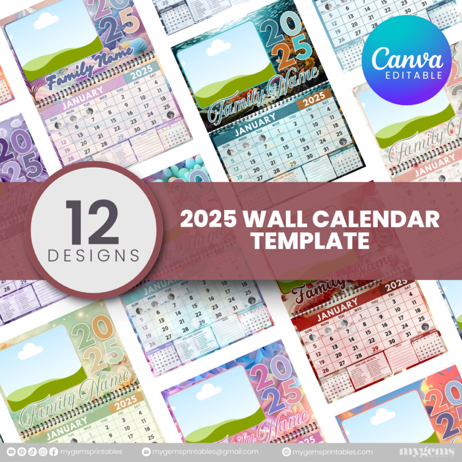 12 Designs | 2025 Wall Calendar Template (A4) | Canva Editable - Mygems ...